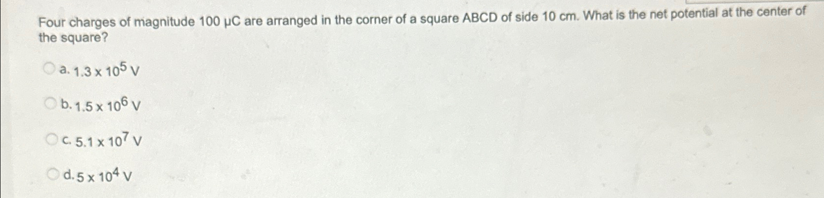 Solved Four charges of magnitude 100\\\\mu C are arranged in | Chegg.com