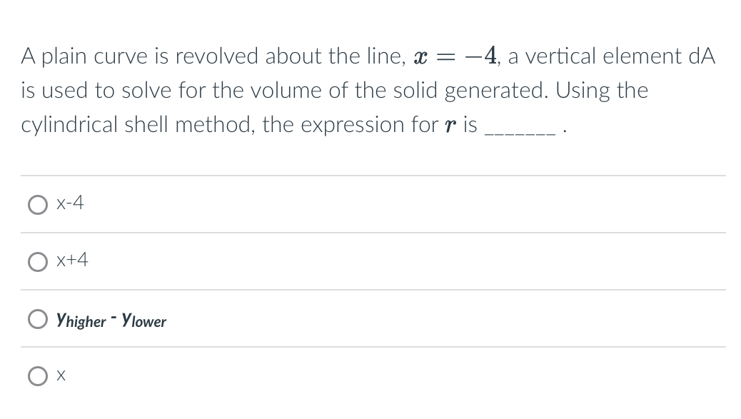 Solved A plain curve is revolved about the line, x=-4, ﻿a | Chegg.com