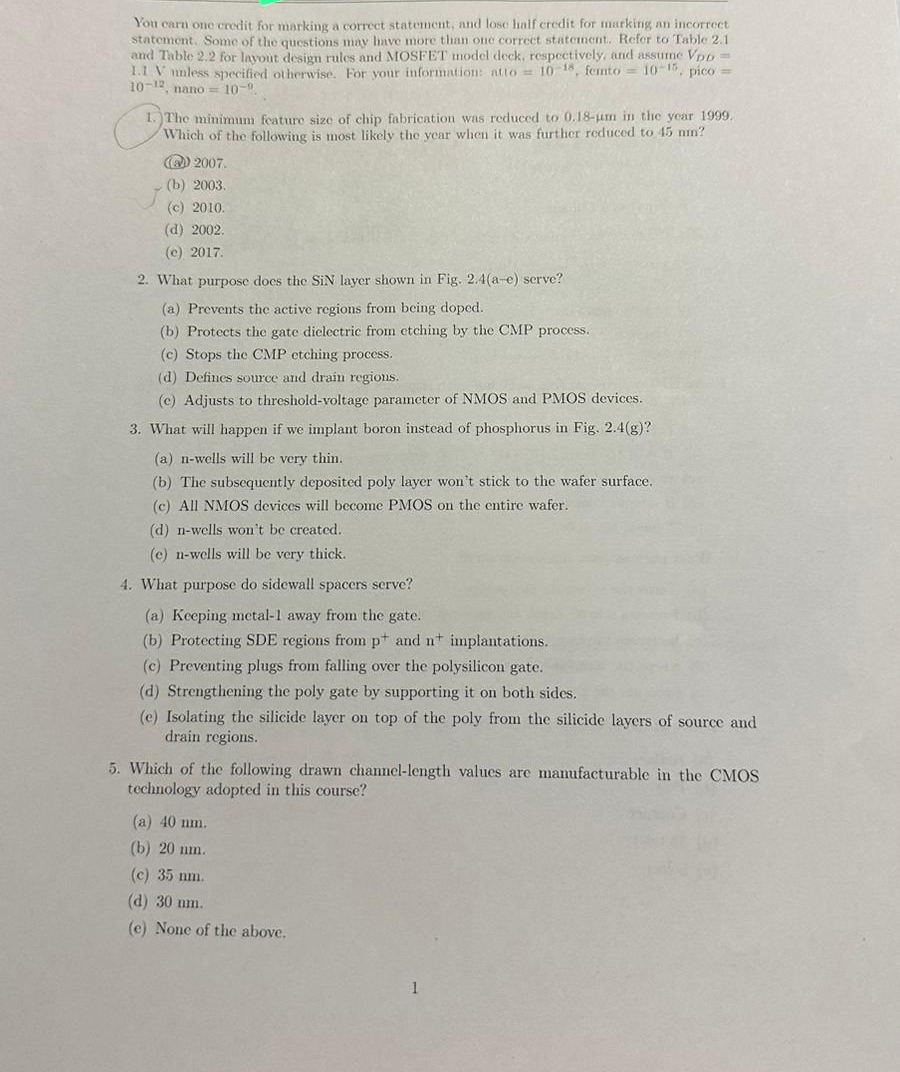 Solved You carn one credit for marking a correct statement, | Chegg.com