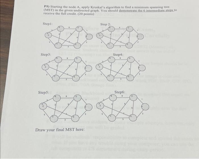 Solved P5) Starting the node A, apply Kruskal's algorithm to | Chegg.com