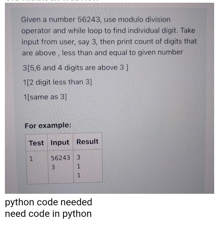 Solved Given a number 56243, use modulo division operator | Chegg.com