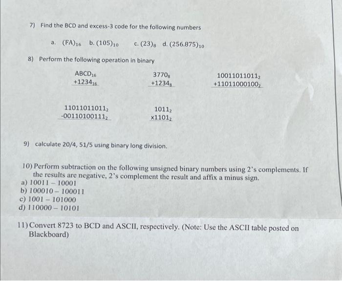 Solved 7) Find the BCD and excess-3 code for the following | Chegg.com
