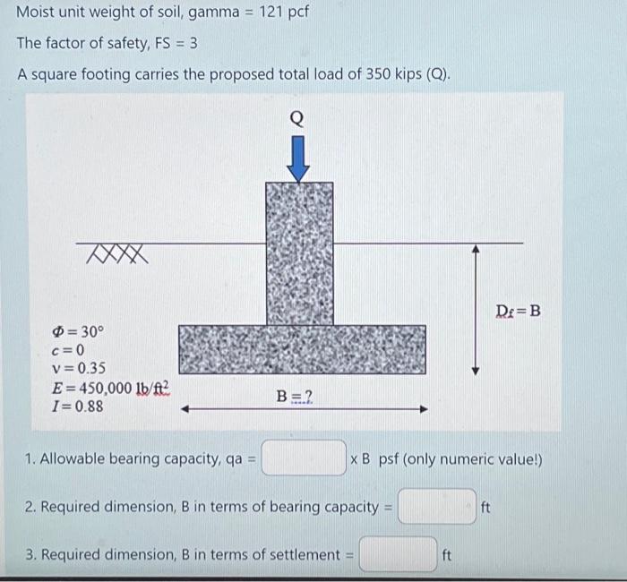 Solved Moist unit weight of soil, gamma =121pcf The factor | Chegg.com