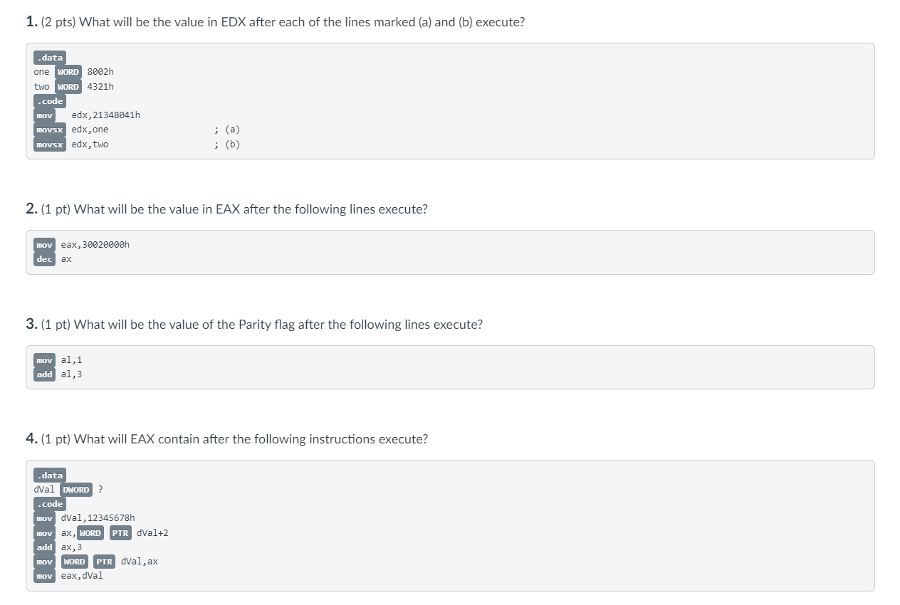 Solved (2 ﻿pts) ﻿What will be the value in EDX after each of | Chegg.com