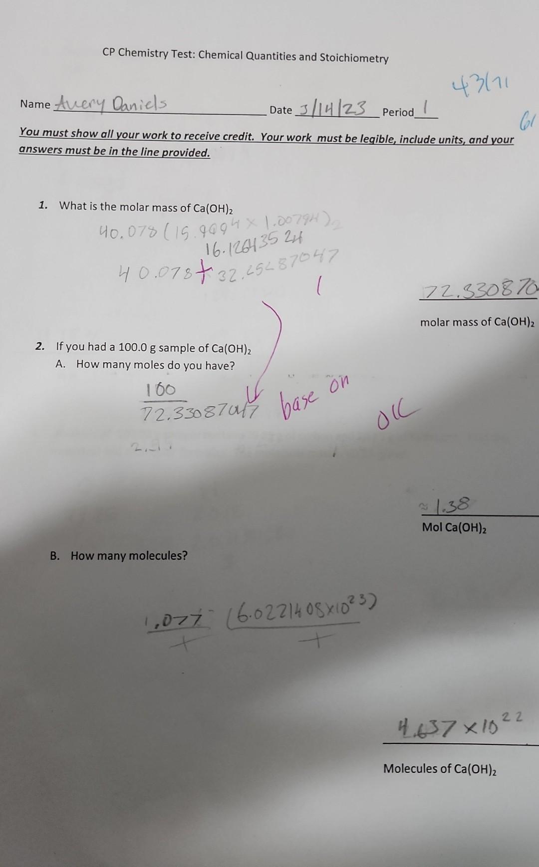 Solved You must show all your work to receive credit. Your | Chegg.com