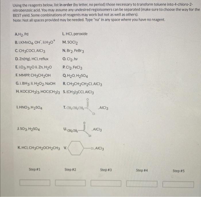 Solved Using the reagents below, list in order (by letter, | Chegg.com