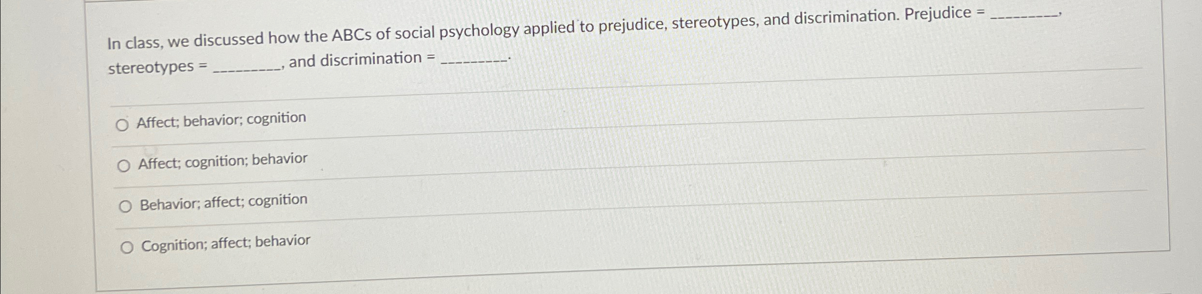 Solved In class, we discussed how the ABC of social | Chegg.com