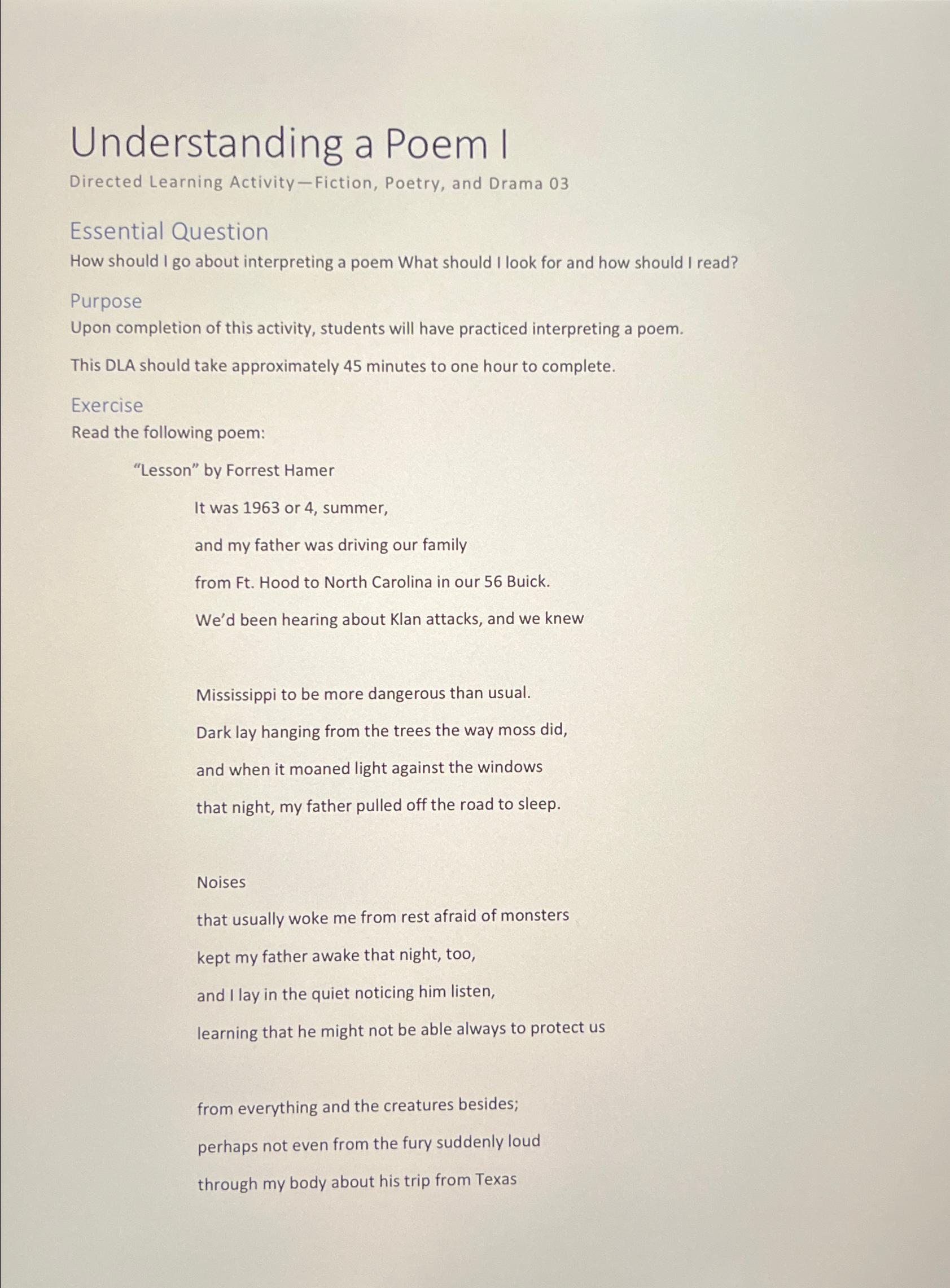 Solved Understanding a Poem IDirected Learning | Chegg.com