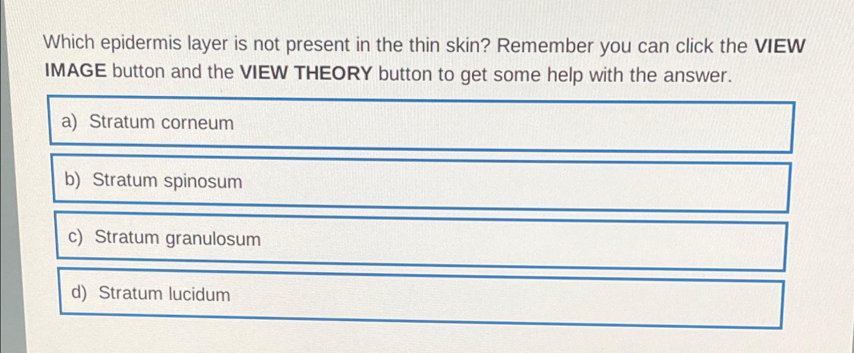 Solved Which epidermis layer is not present in the thin | Chegg.com