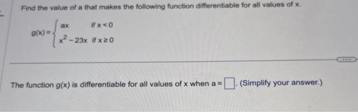 Solved Find the value of a that makes the following function | Chegg.com