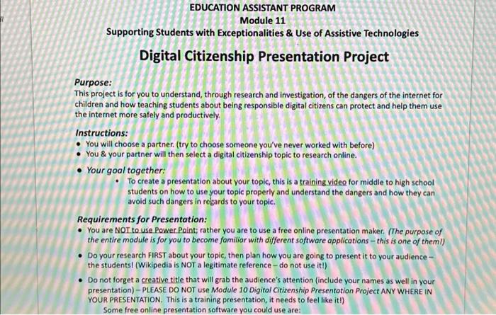 EDUCATION ASSISTANT PROGRAM Module 11 Supporting | Chegg.com