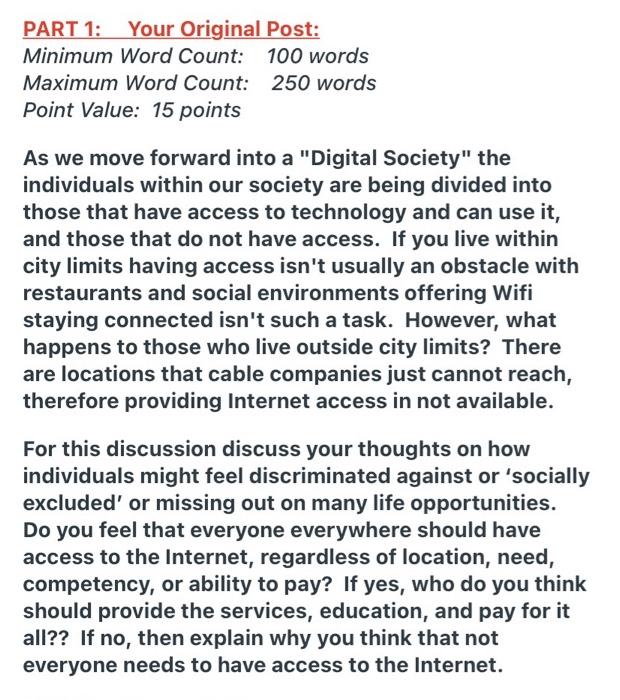 Solved PART 1: Your Original Post: Minimum Word Count: 100 | Chegg.com