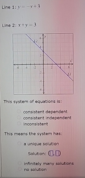 Solved Line 1: y=-x+3Line 2: x+y=3This system of equations | Chegg.com