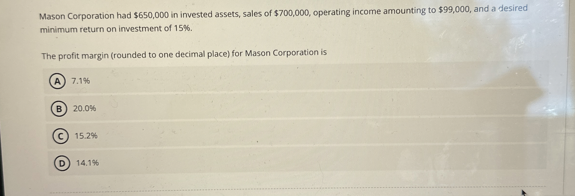 Solved Mason Corporation had $650,000 ﻿in invested assets, | Chegg.com