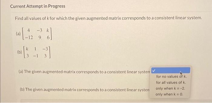 Solved Current Attempt in Progress Find all values of k for | Chegg.com