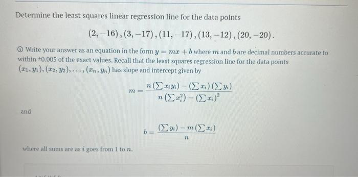 Solved Determine the least squares linear regression line | Chegg.com