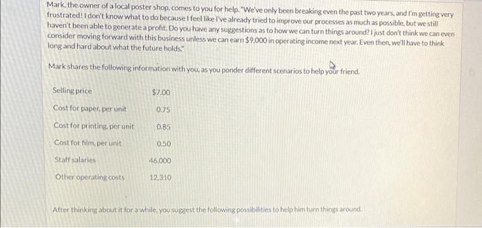 Solved Mark, the owner of a local poster shop, comes to you | Chegg.com