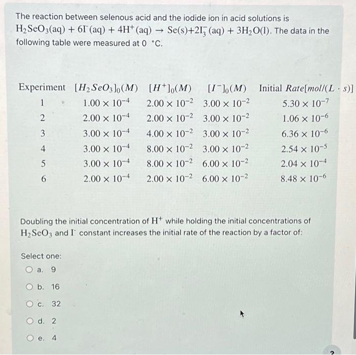 Solved The reaction between selenous acid and the iodide ion | Chegg.com