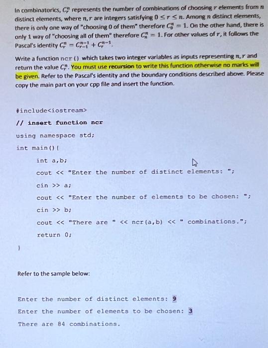 Solved In combinatorics, Crn represents the number of | Chegg.com