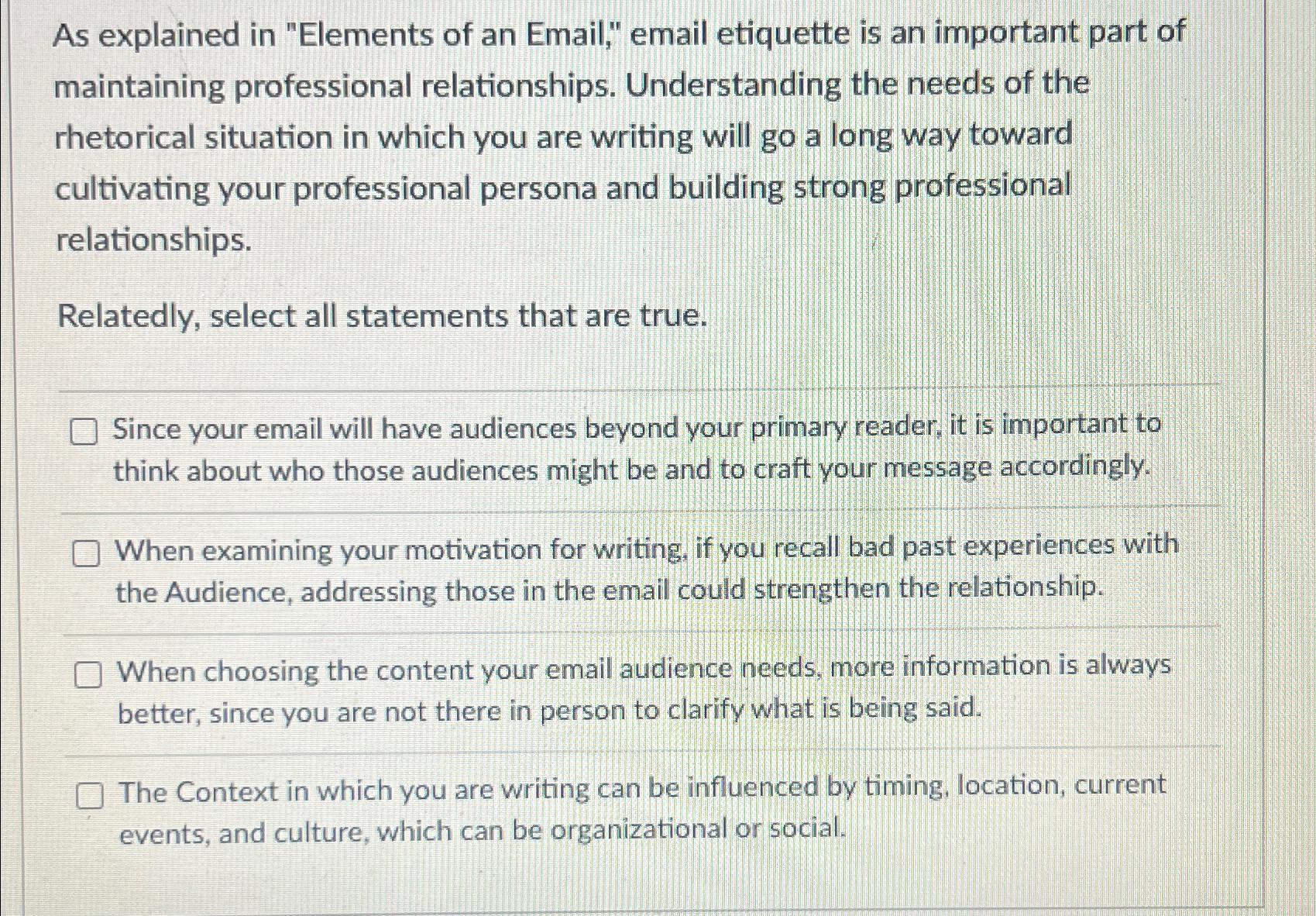 Solved As explained in "Elements of an Email," email | Chegg.com
