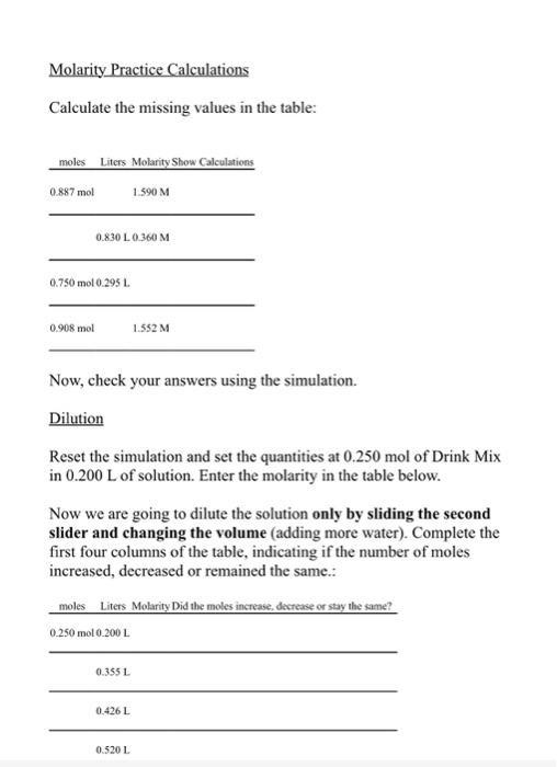 Solved Molarity Practice Calculations Calculate the missing | Chegg.com