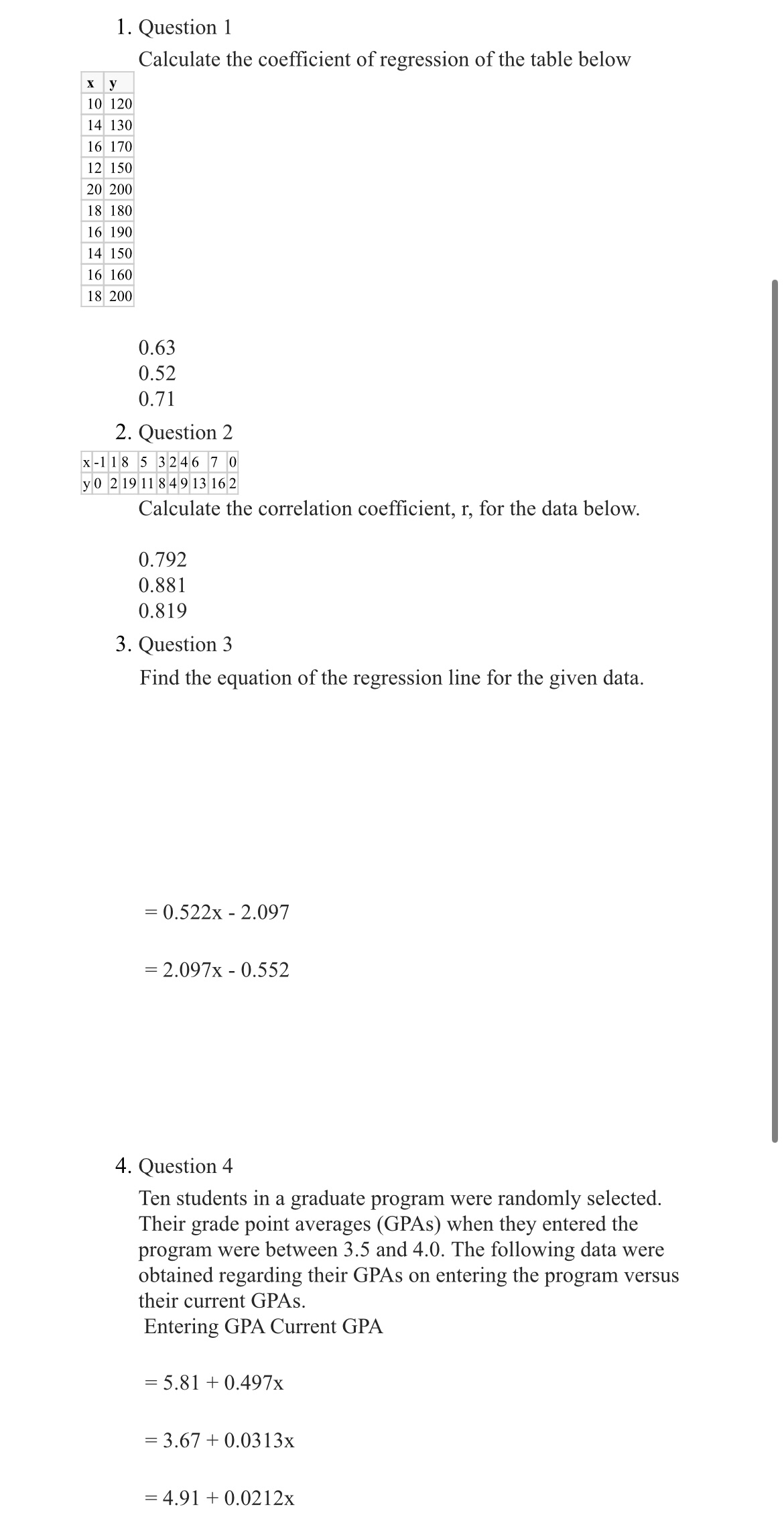 Question 1Calculate the coefficient of regression of | Chegg.com