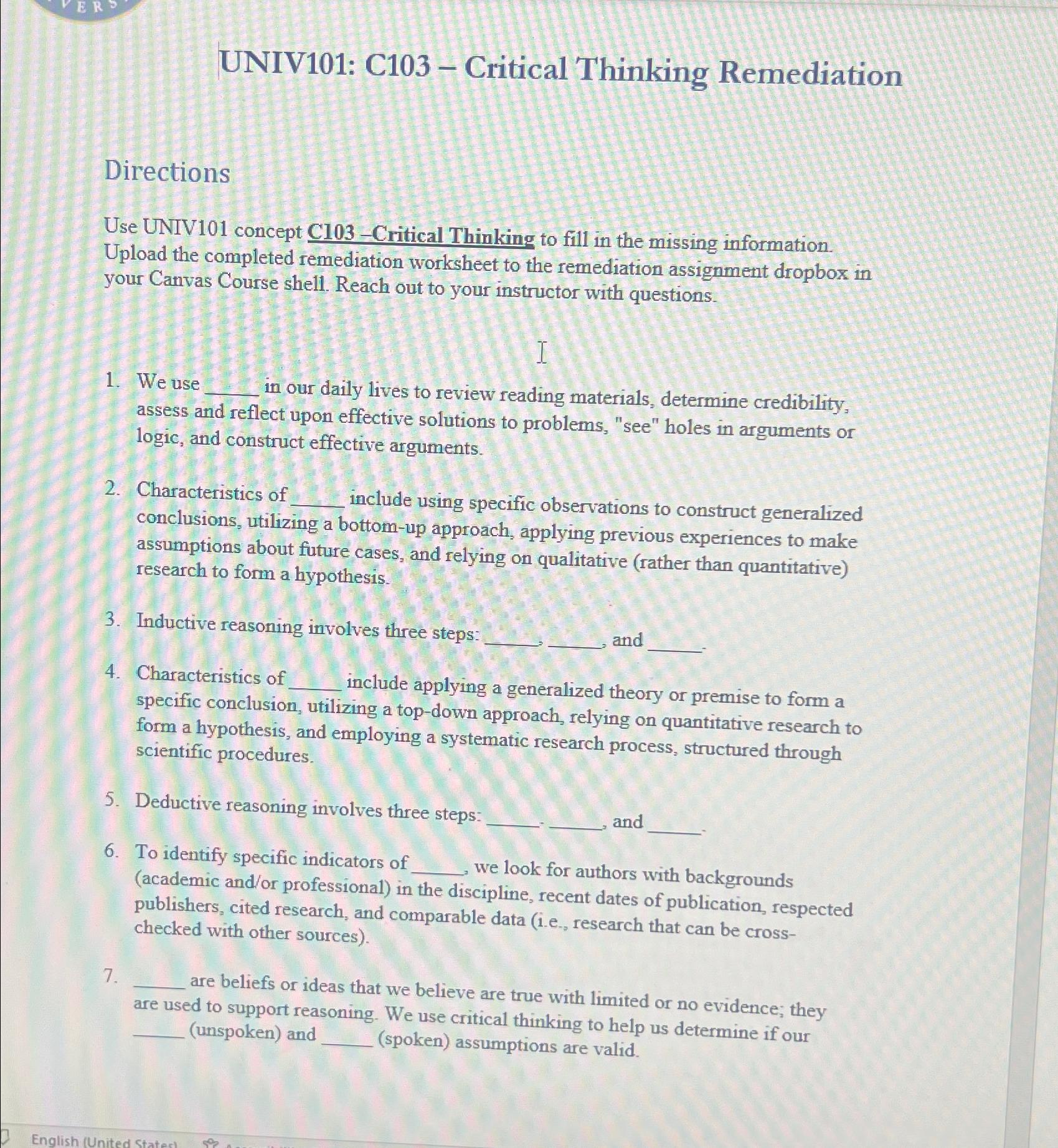 Solved UNIV101: C103 - ﻿Critical Thinking | Chegg.com