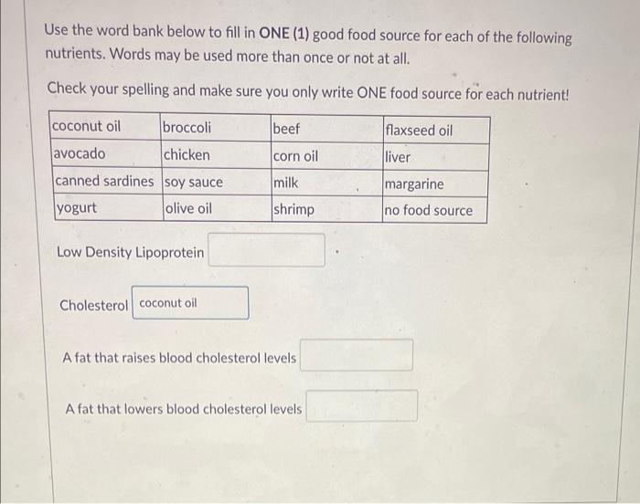 Solved Use the word bank below to fill in ONE (1) good food | Chegg.com