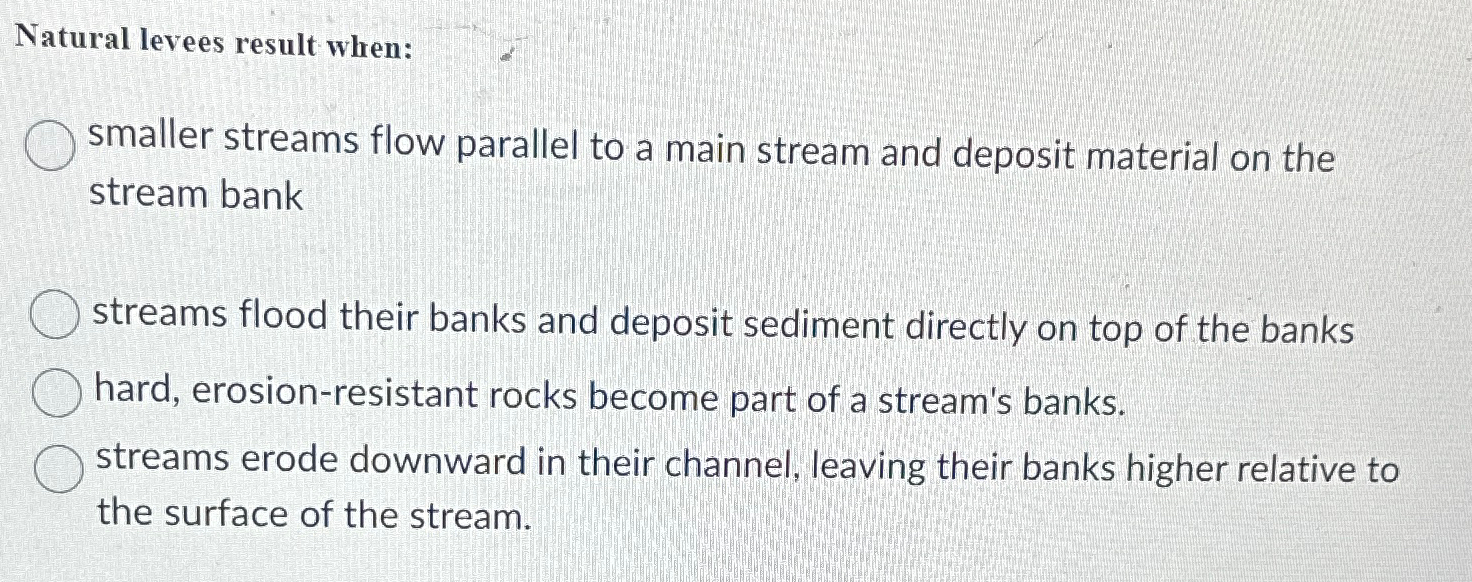 Solved Natural levees result when:smaller streams flow | Chegg.com
