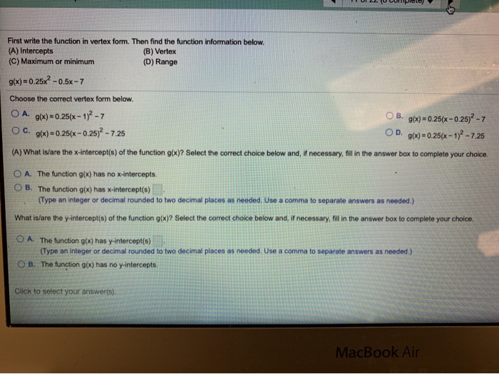 Solved First write the function in vertex form. Then find | Chegg.com