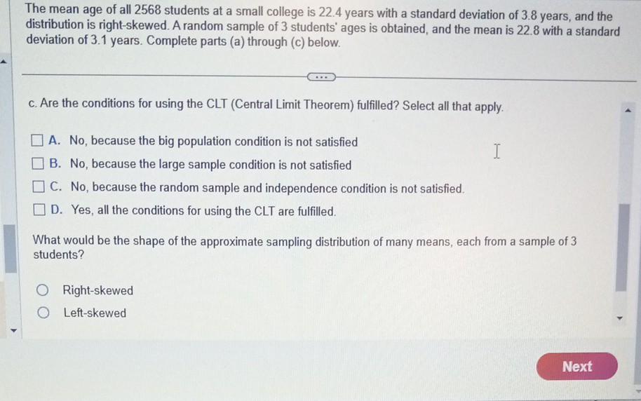 Solved The mean age of all 2568 students at a small college | Chegg.com
