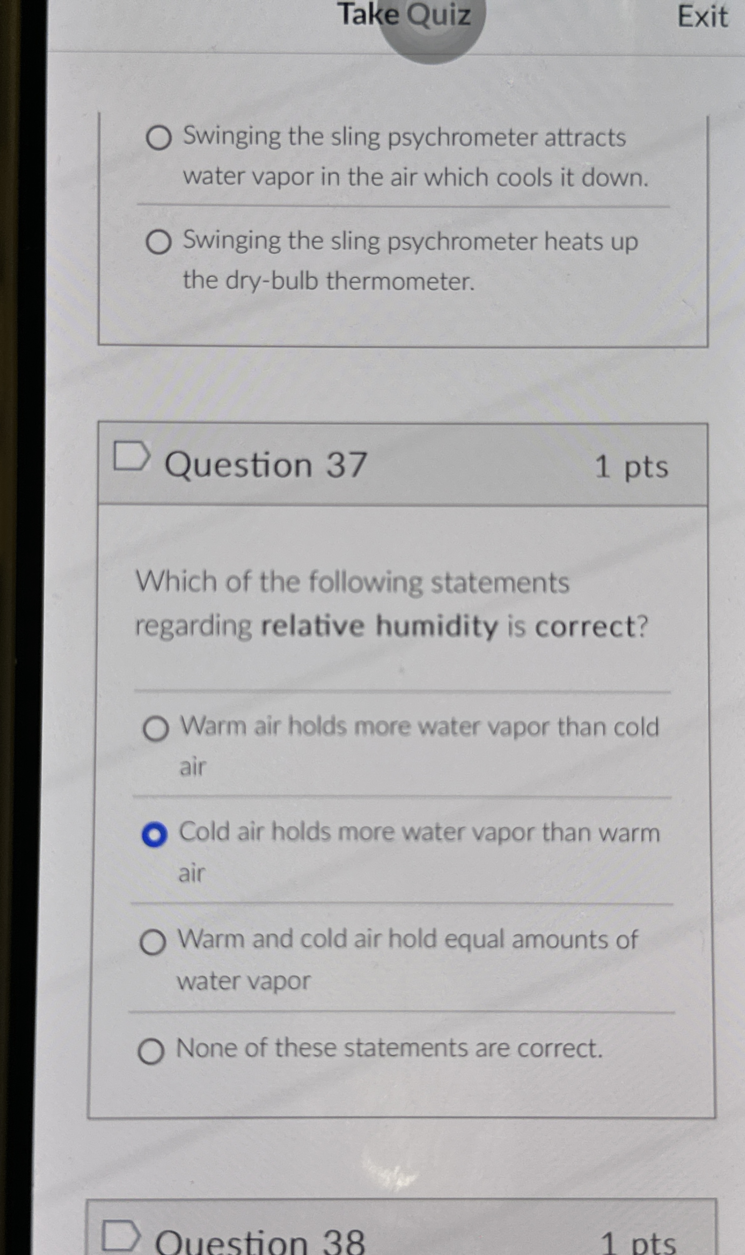 Solved Swinging the sling psychrometer attractswater vapor | Chegg.com