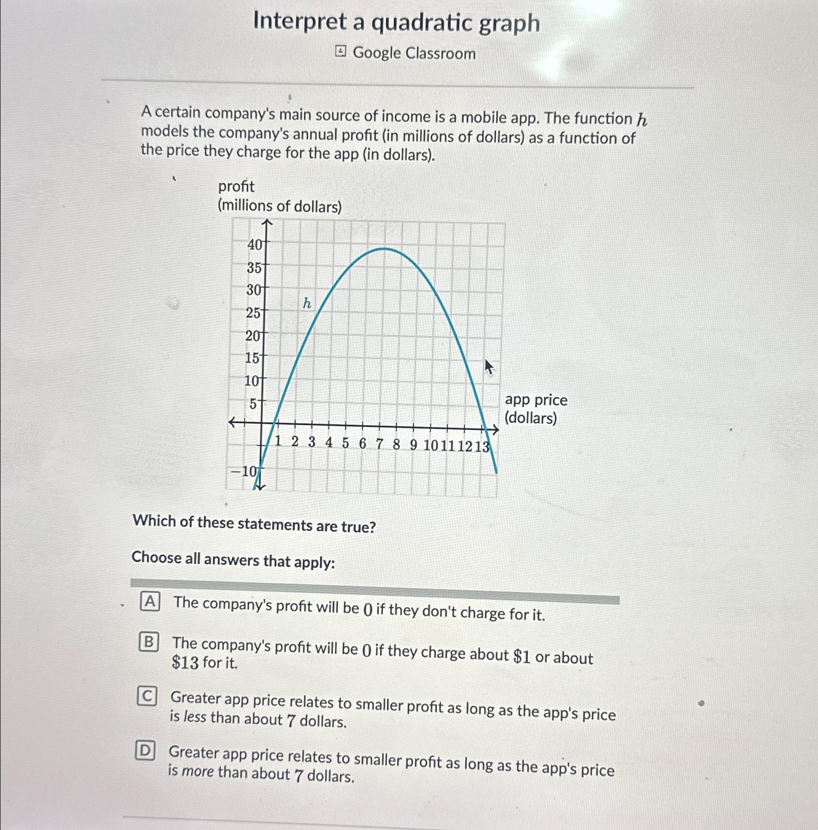 Solved Interpret a quadratic graph4 ﻿Google ClassroomA | Chegg.com