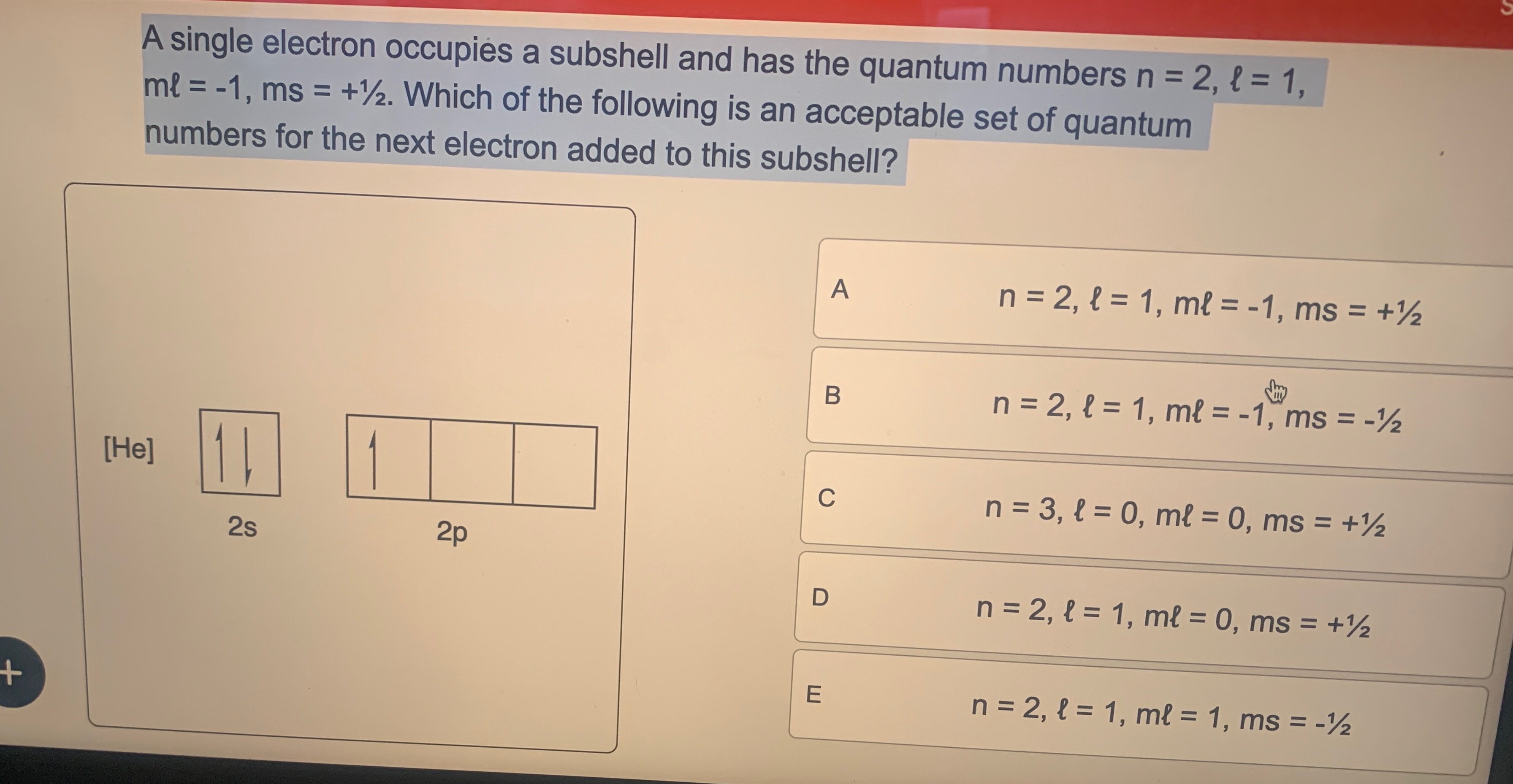 Solved A single electron occupies a subshell and has the | Chegg.com