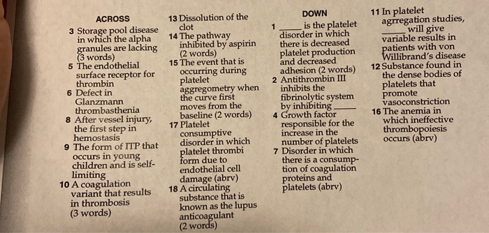 Solved LI 5 thi S 1 ACROSS 3 Storage pool disease in which | Chegg.com