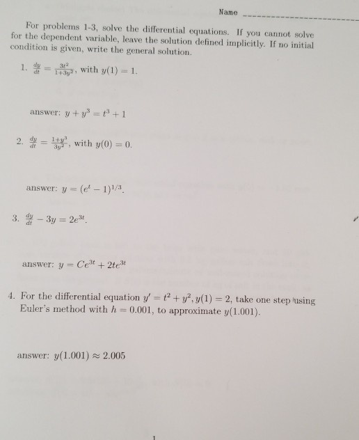 Solved Name For problems 1-3, solve the differential | Chegg.com