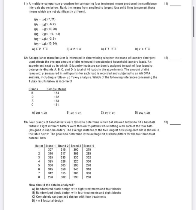 Solved 11) 11) A multiple-comparison procedure for comparing | Chegg.com