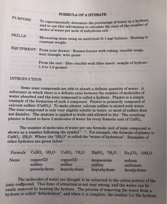 Solved To experimentally determine the percentage of water | Chegg.com
