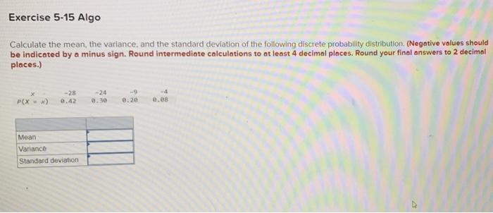 Solved Exercise 5-15 Algo Calculate the mean, the variance | Chegg.com