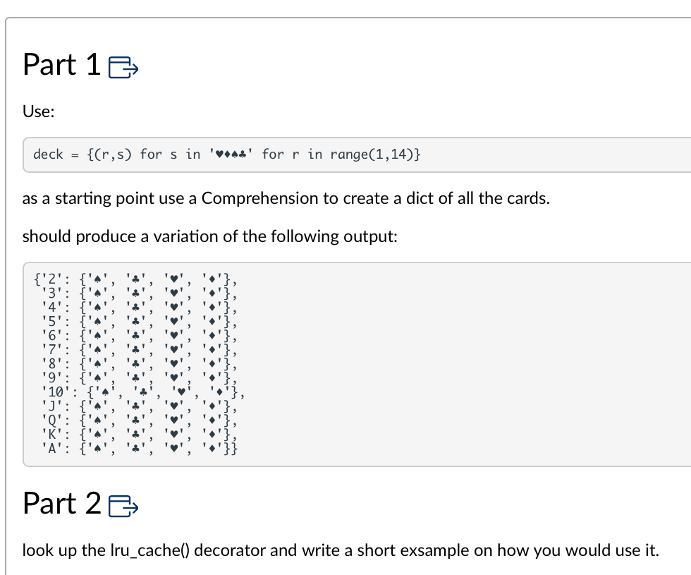 Solved USE PYTHON LANGUAGE Part 1⊟Use:deck for s ﻿in 'vas' | Chegg.com