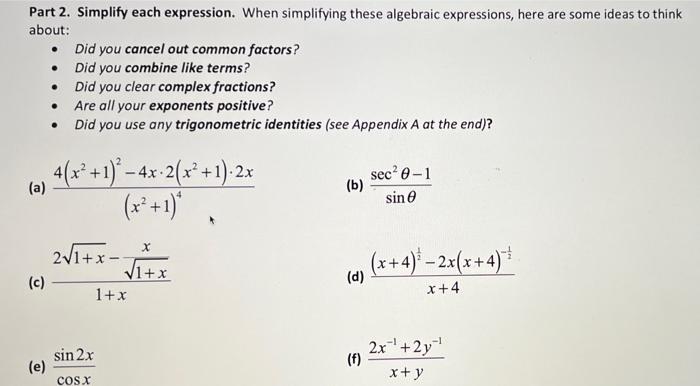 Solved Part 2. Simplify each expression. When simplifying | Chegg.com