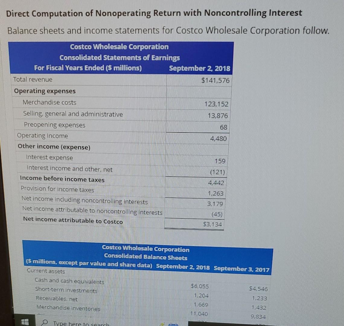 Solved Direct Computation of Nonoperating Return with | Chegg.com