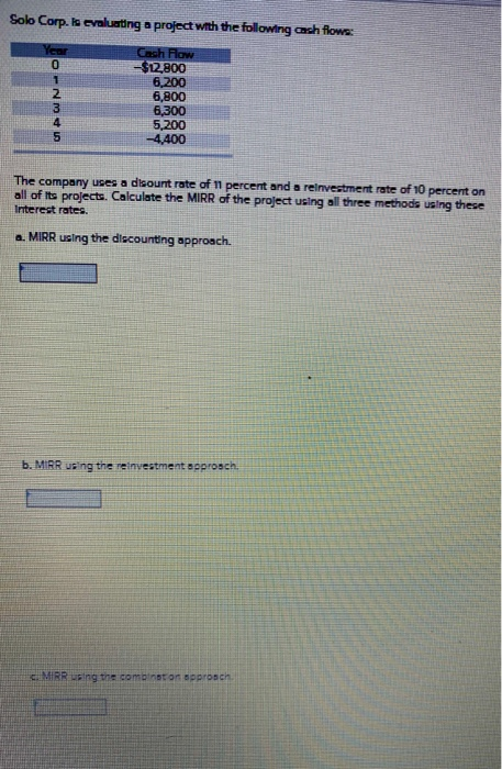 Solved Solo Corp. Is evaluating a project with the following | Chegg.com