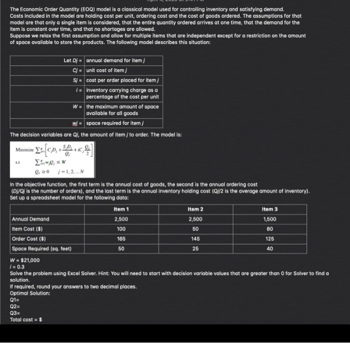 Solved The Economic Order Quantity (EOQ) model is a | Chegg.com