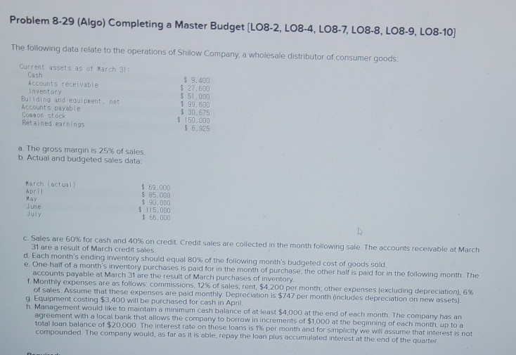 Problem 8-29 (Algo) ﻿Completing a Master Budget | Chegg.com