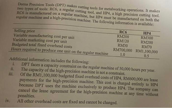 Solved Decna Precision Tools (DPT) makes cutting tools for | Chegg.com