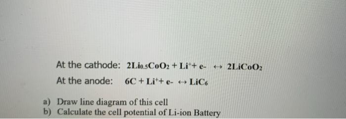 At the cathode: 2Lio.sCo02 + Lit+ e + 2LiCo02 At the | Chegg.com