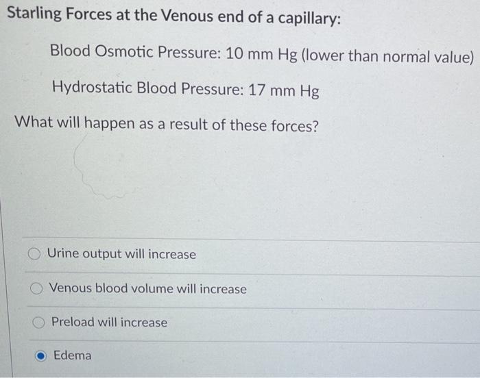 Solved Starling Forces at the Venous end of a capillary: | Chegg.com