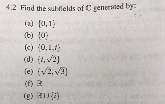 Solved 4.2 Find the subfields of C generated by: (a) {0,1} | Chegg.com