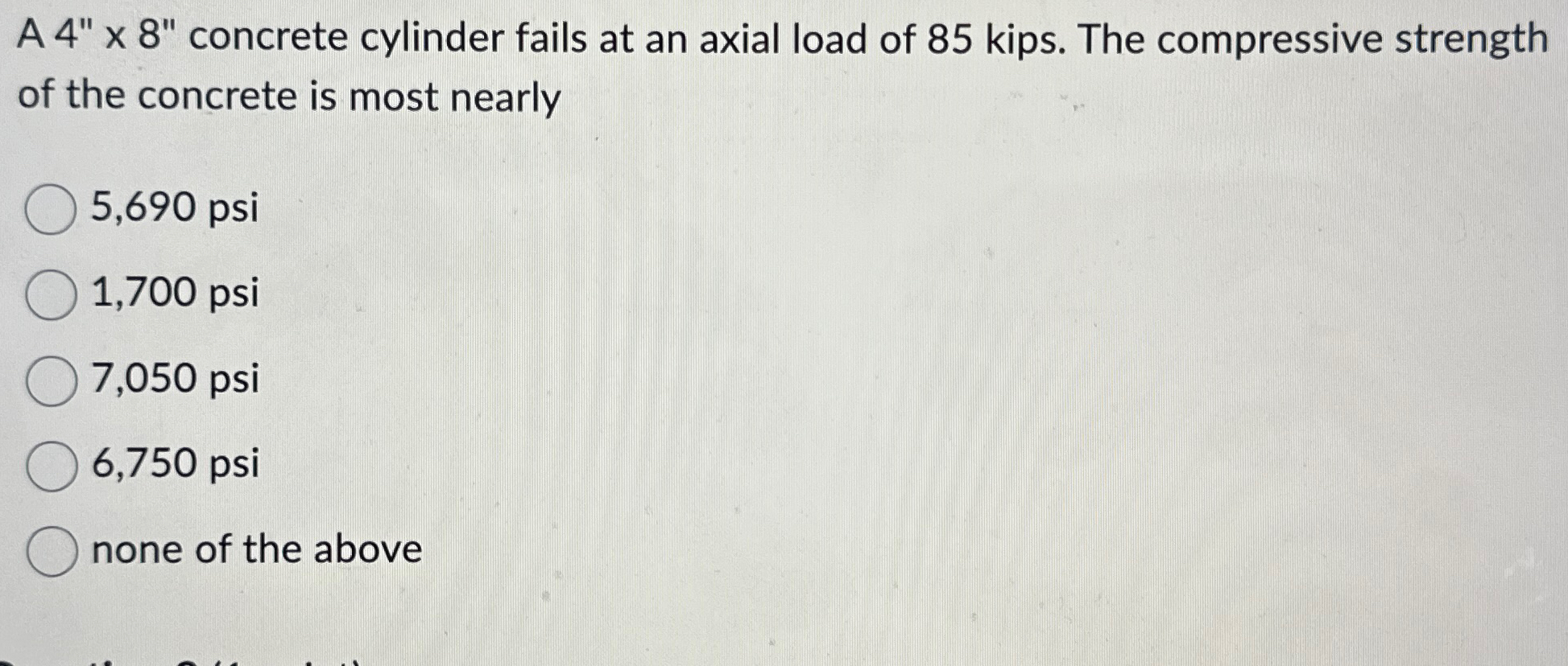 Solved A 4" ×8 " ﻿concrete cylinder fails at an axial load | Chegg.com